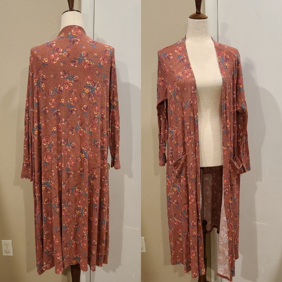 LuLaRoe | Sweaters | L Lularoe Pink Floral Ribbed Long Sleeve Duster ...